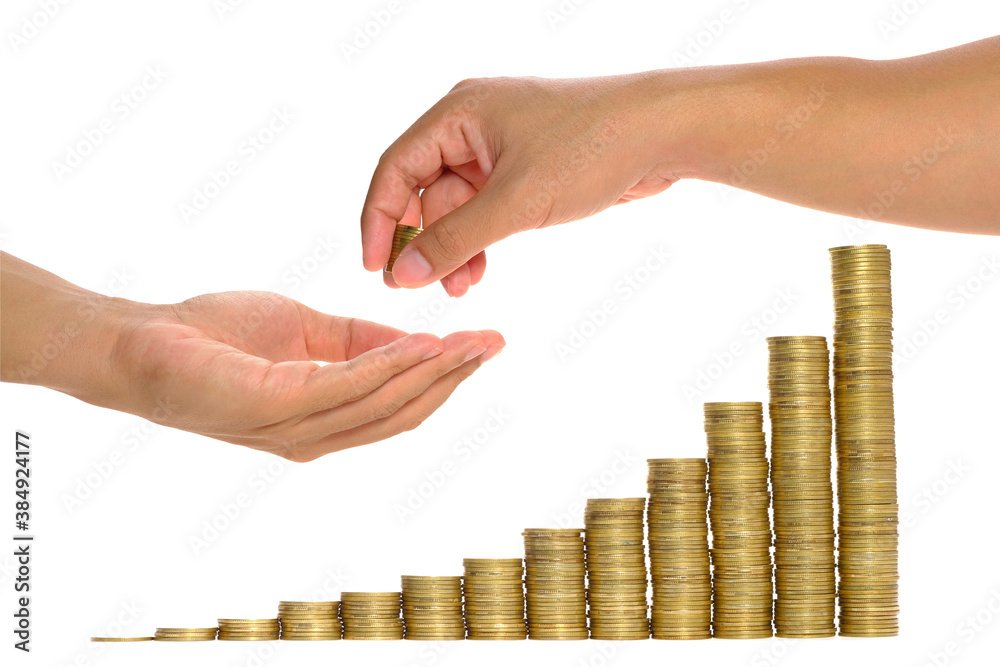 hand of a rich people giving some gold coins to another person hand in ...