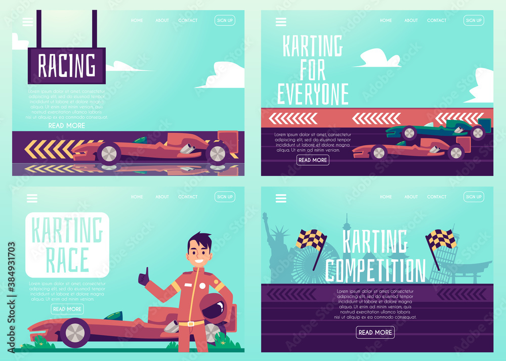 Set banners or posters for car racing and karting track flat vector ...
