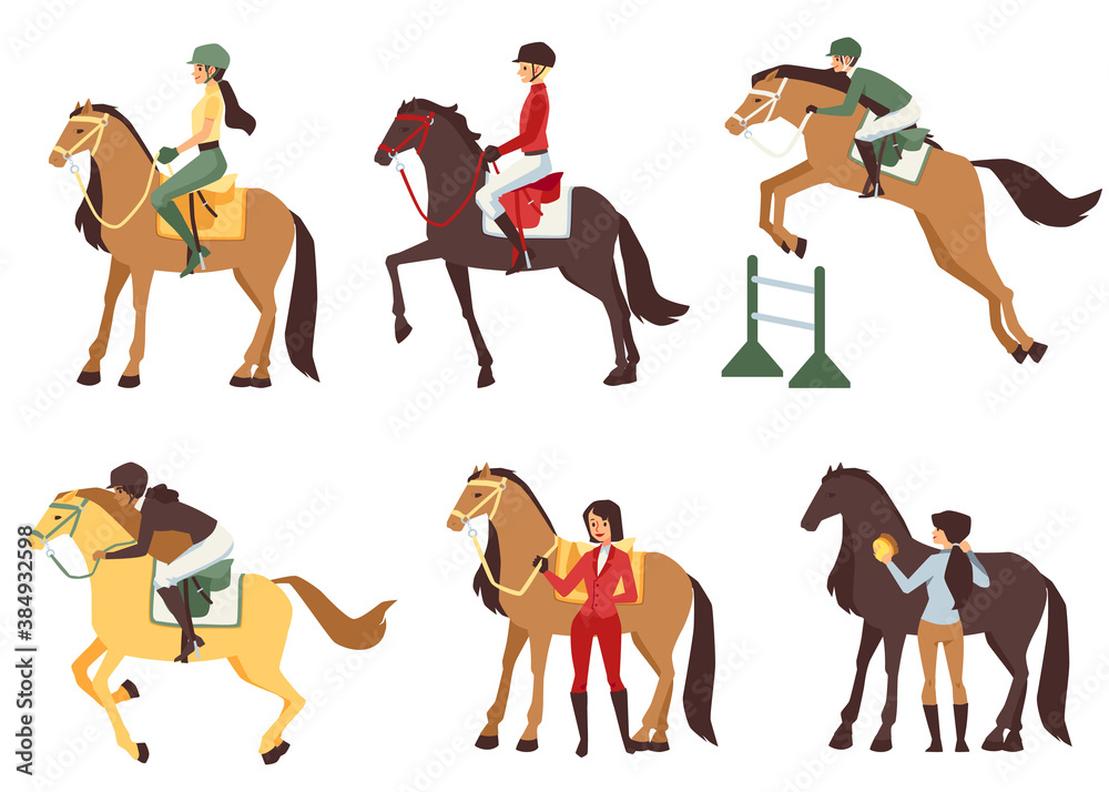 Set of horse riders riding horses, flat cartoon vector illustration ...