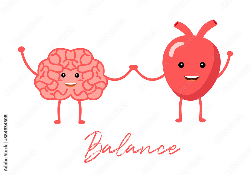 Cute pink human brain and heart holding hands cartoon in flat design ...