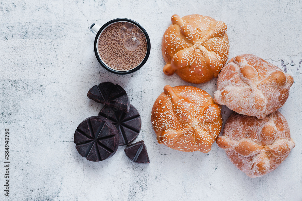 Pan de Muerto and hot chocolate, Mexican bread traditional for day of ...