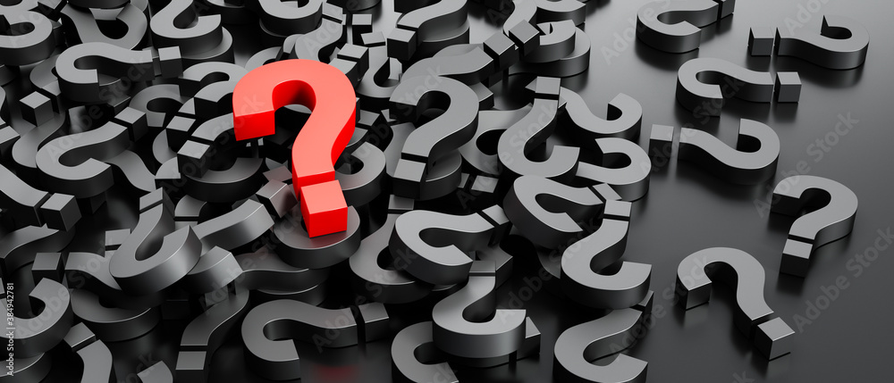 Pile of black question mark symbols with red question mark on top - 3D ...