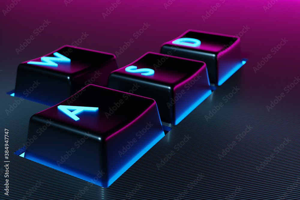 3D illustration keyboard buttons WASD with neon pink and blue light on ...