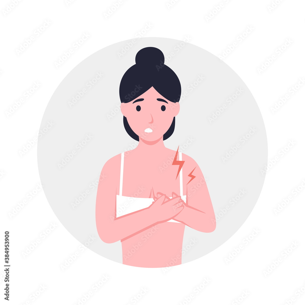 Woman holding her chest, girl with strong chest pain, close up. Flat ...