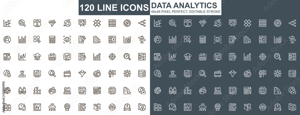 Data analytics thin line icons set. Business statistics and financial ...