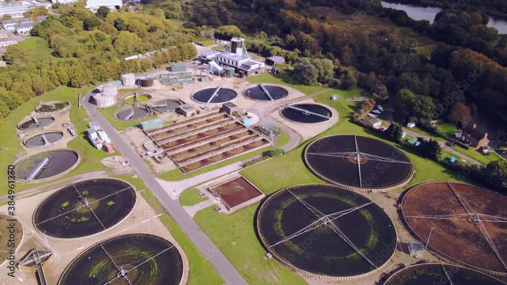 Wide aerial of water purification circle, clean drinking water ...