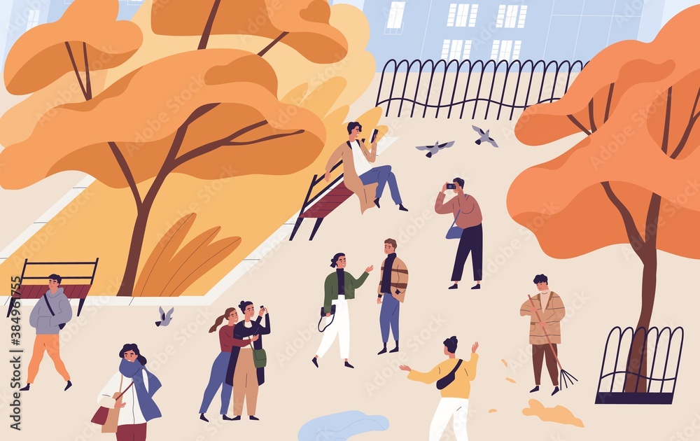 Walking people spend time in autumn city park. Modern characters stroll ...