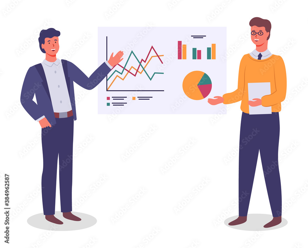 Businessmen, colleagues analysing graphs, diagram, chart on white board ...