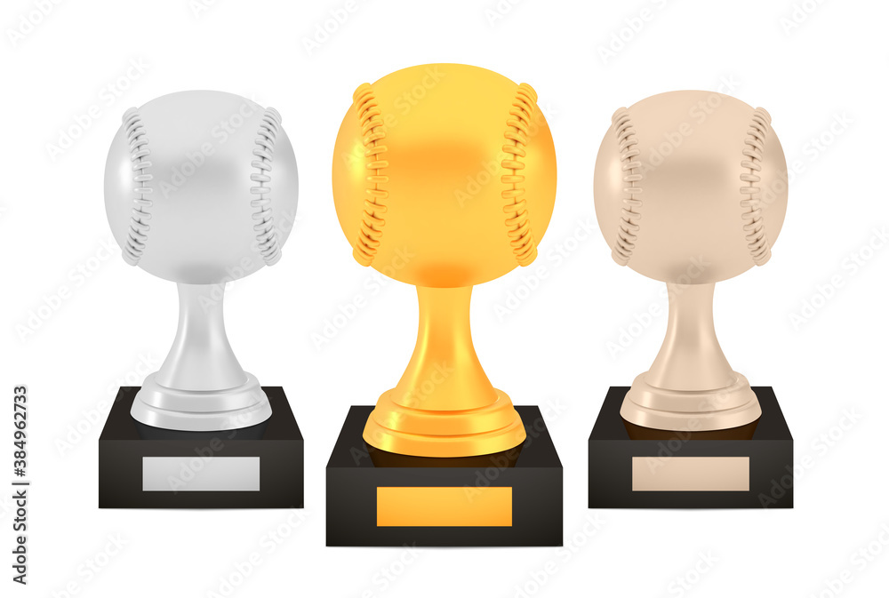 Winner baseball awards set, gold silver bronze trophy cups on stands ...