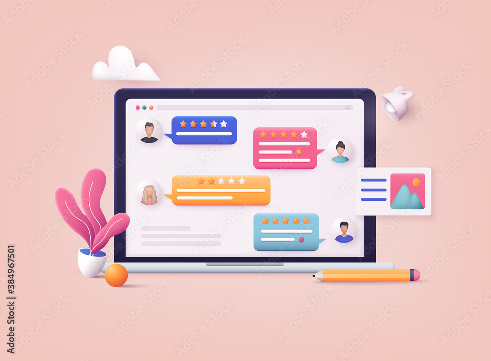 3D Web Vector Illustrations. Laptop with review rating. Reviews stars ...