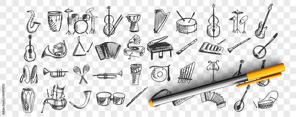 Musical instruments doodle set. Collection of hand drawn sketches ...