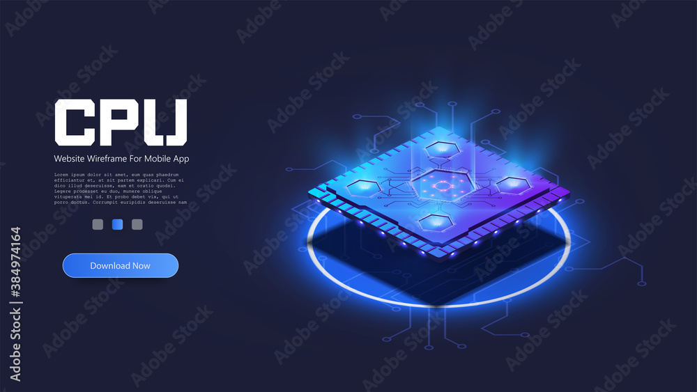 Futuristic microchip processor with lights on the blue background. Quantum computer, large data ...