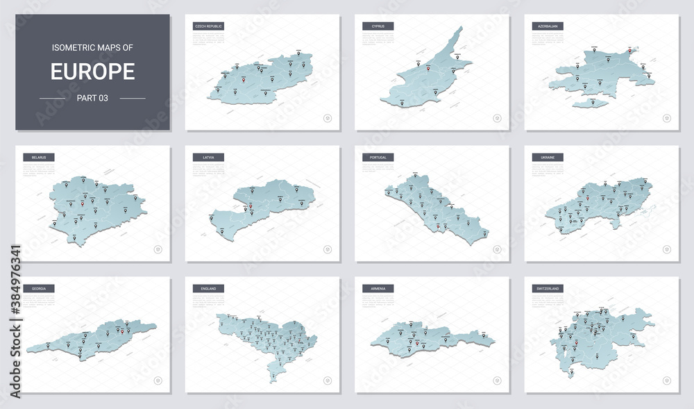 Vector isometric maps set - Europe continent. Maps of European ...