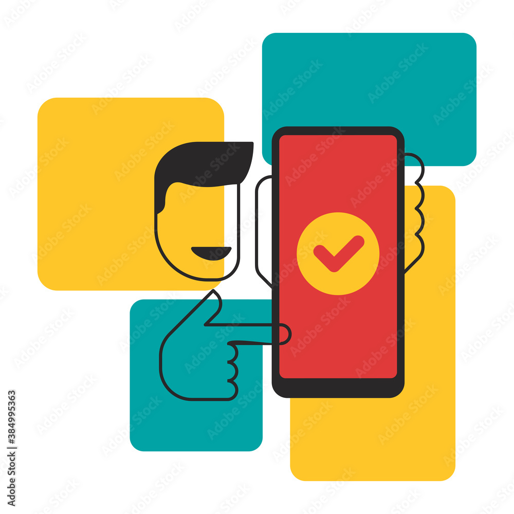 Abstract thin line happy young smiling man holding phone with check ...