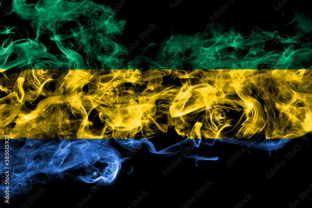 Gabon, Gabonese, Gabonian smoke flag isolated on black background Stock ...
