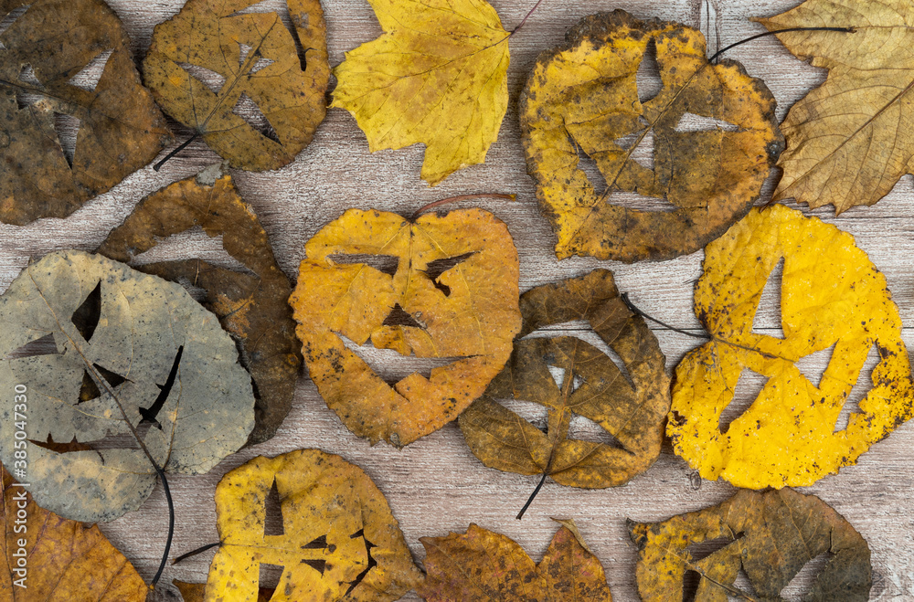 dry foliage on a wooden background. on the leaves made a scary mask ...