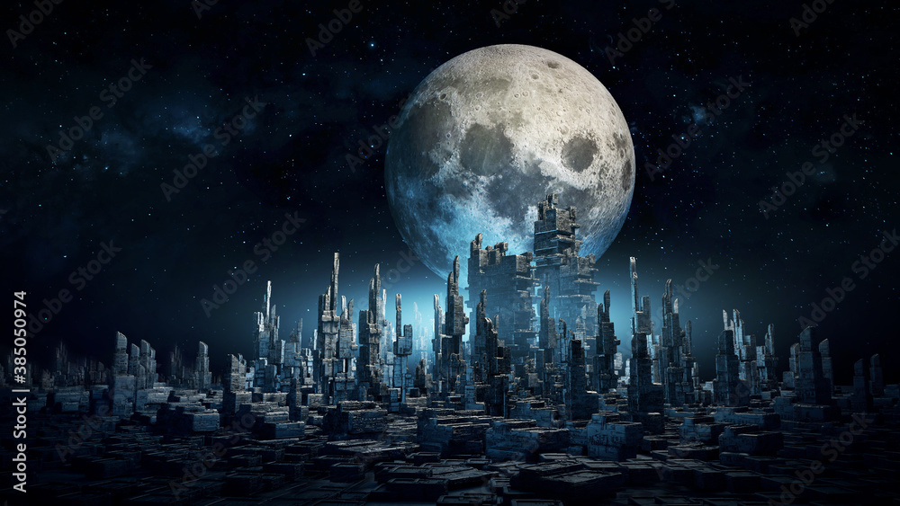 Futuristic night cityscape with moon. Science fiction scenery. 3D ...