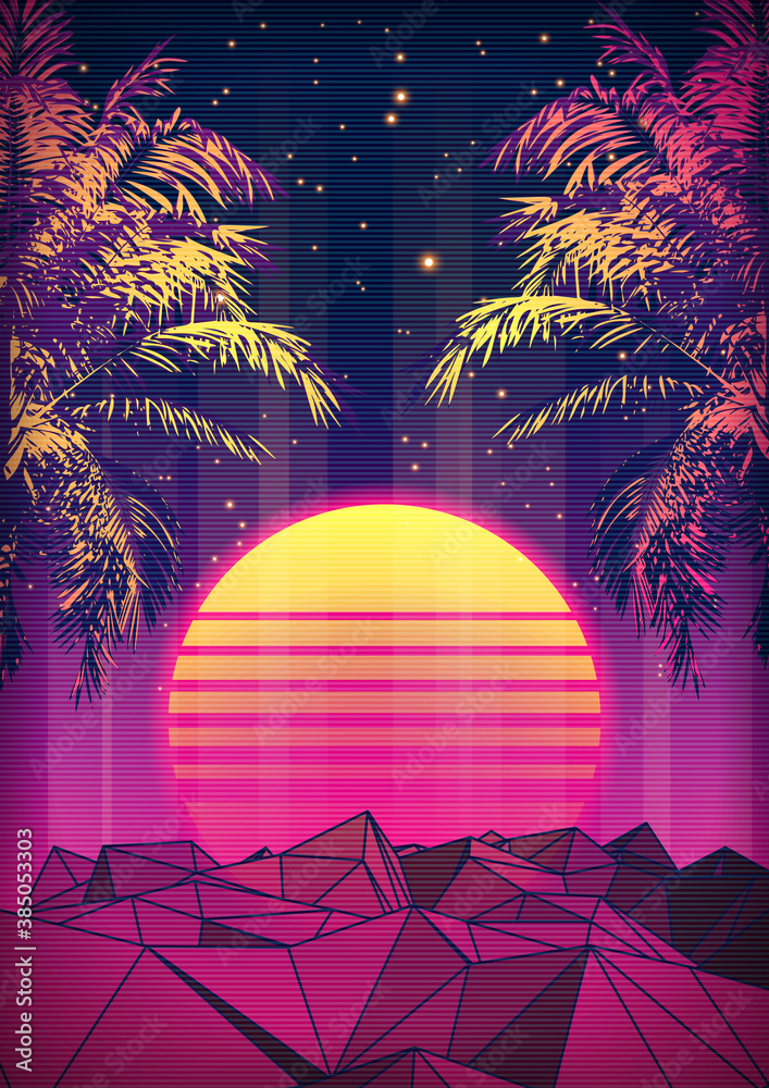 Retro 80s Style Tropical Sunset with Palm Tree Silhouette and Gradient ...