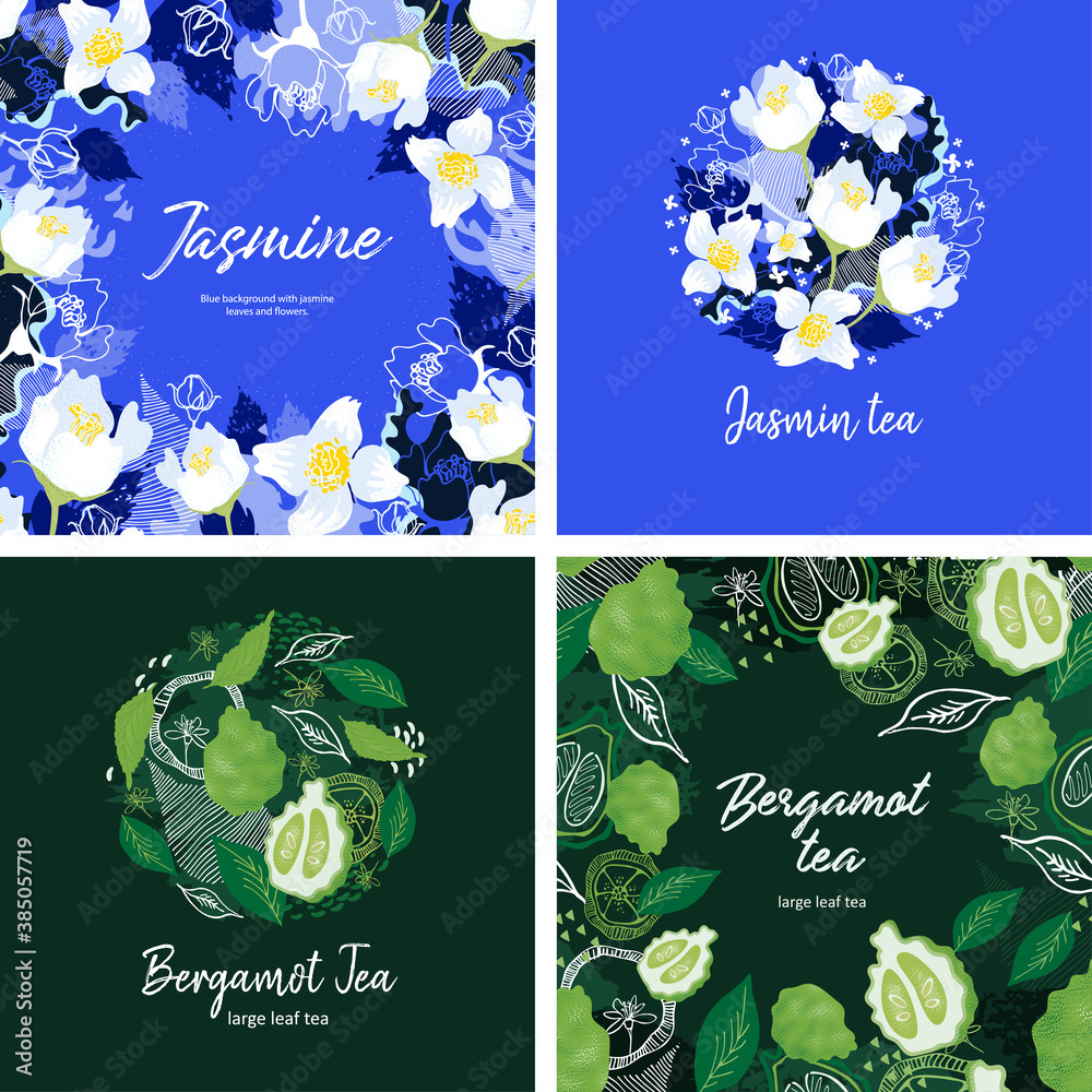 Tea card design. Tea with jasmine. Bright background. Vector ...