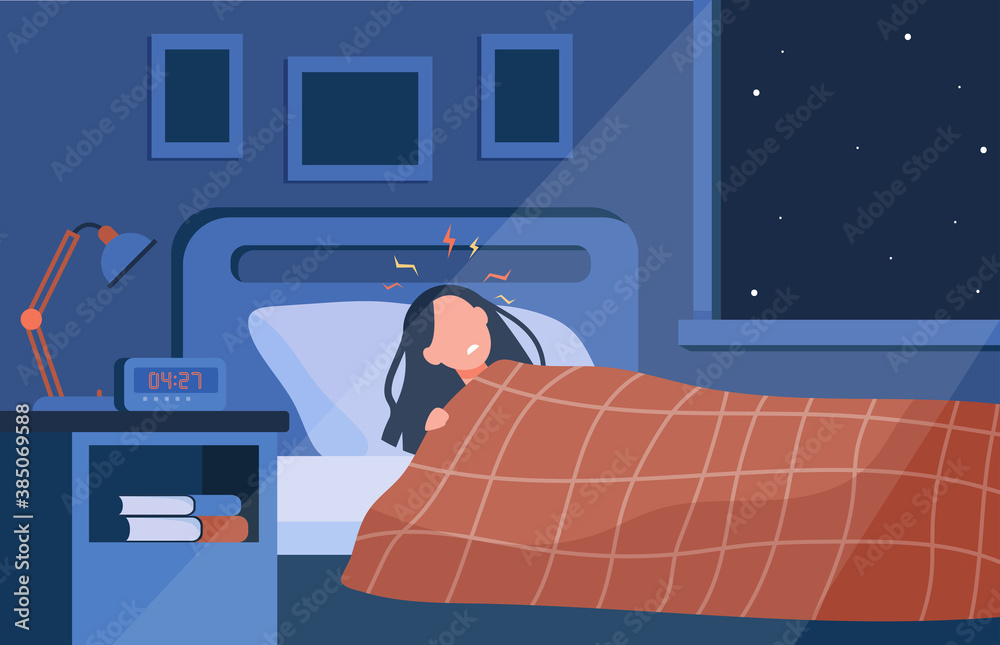 Depressed sleepless woman lying in bed at night. Person suffering from ...