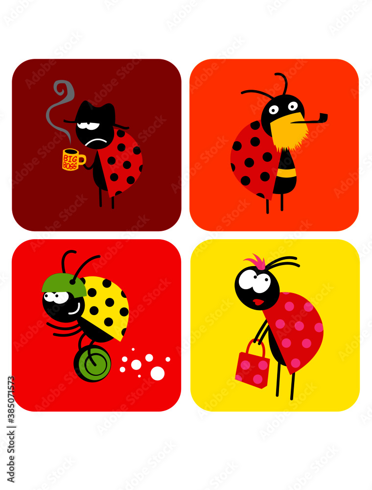 Social life of beetles. Comic characters of insects in different ...