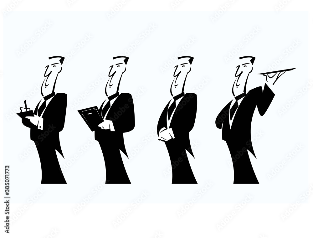 Perfect service. Comic character of professional waiter. Vector image ...