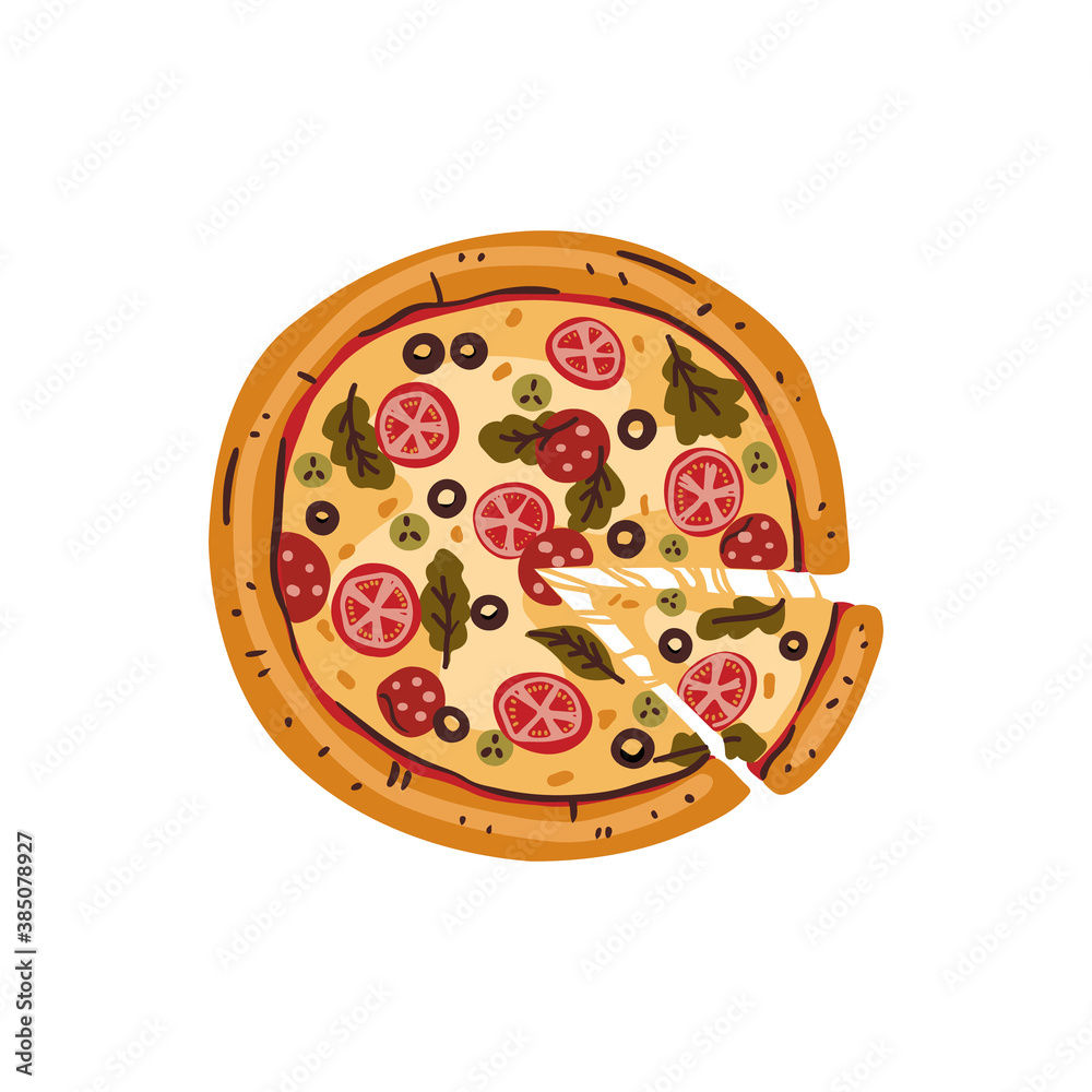 Large round pizza with salami, tomatoes and mushrooms. Traditional ...