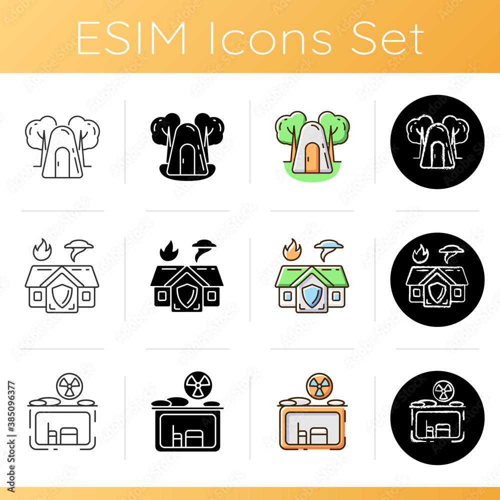 Temporary safe residence icons set. One-person bunker. Cage-like ...
