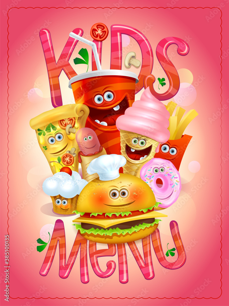 Kids cartoon menu card with soda drink, ice cream, pizza, hot dog ...