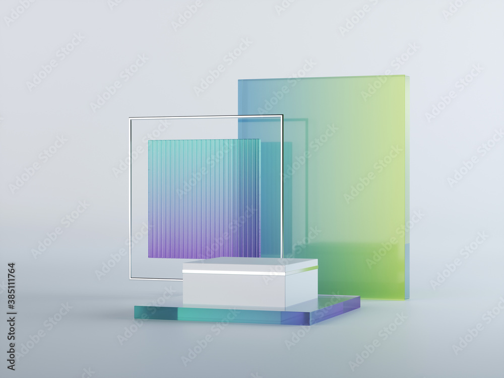3d render, abstract geometrical background with blue green translucent ...