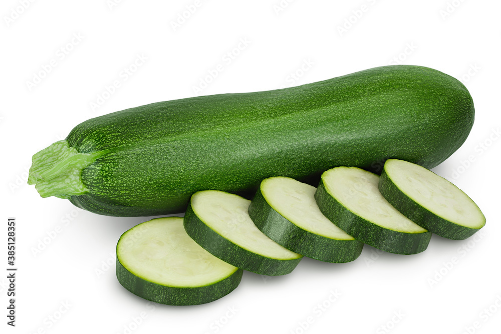 Fresh whole and sliced zucchini isolated on white background with ...