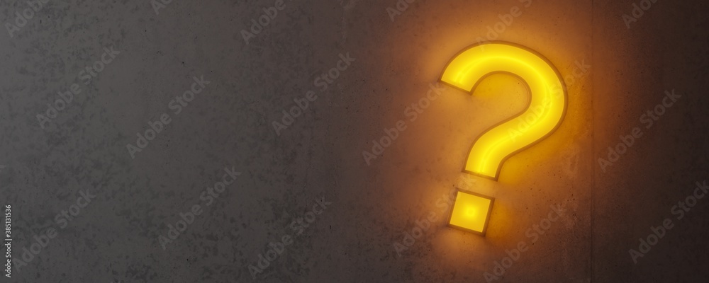 Glowing yellow lamp or lightbulb question mark symbol on concrete floor room with copy space ...