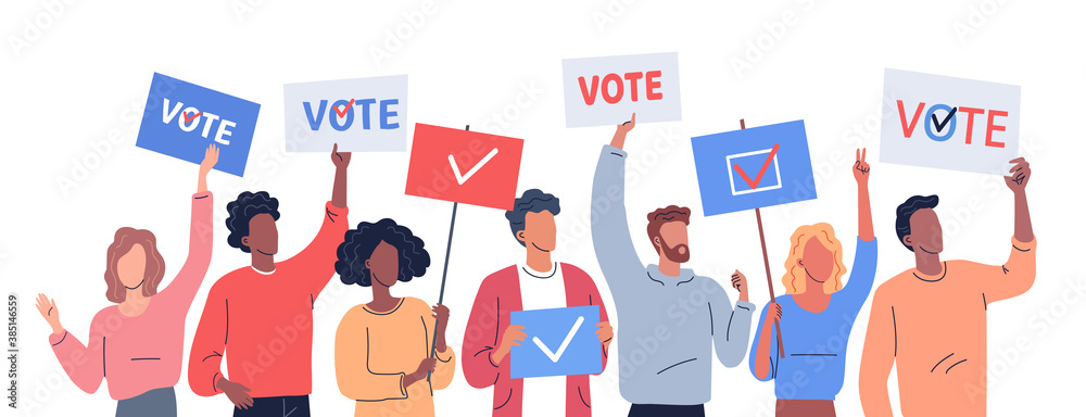 A group of people with placards calling to vote . Election vector ...