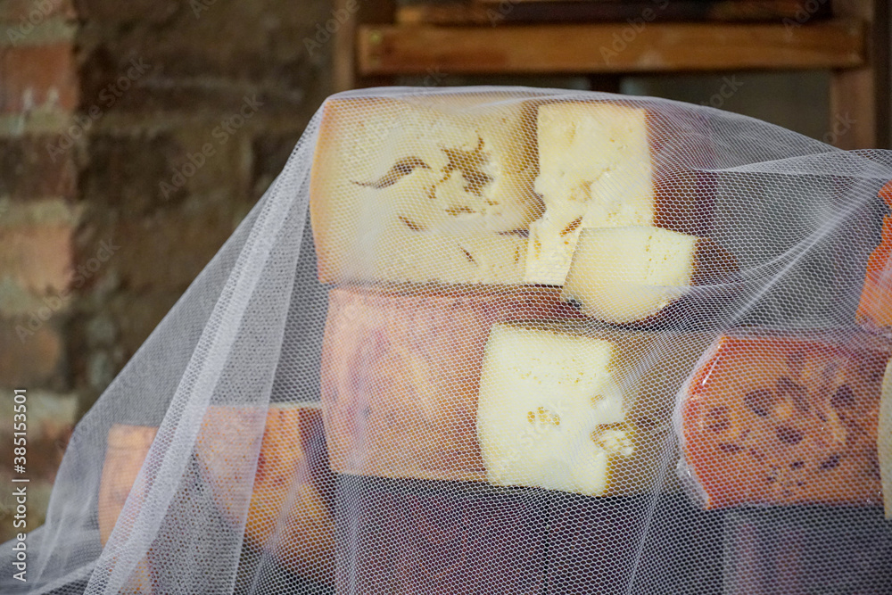 Variety of traditional cheese in a cheese farm store, dry aged cheeses ...