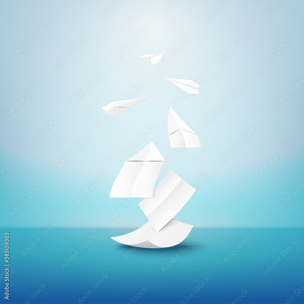 Creative paper artwork with white origami paper airplane.Paper art of ...