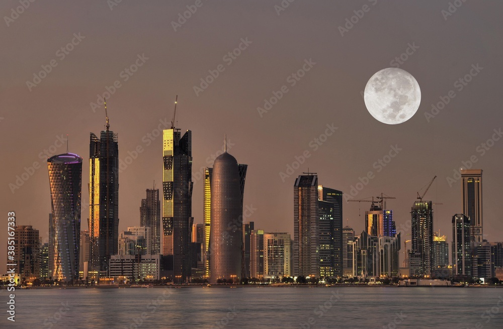 Twilight shot, Doha skyline with the Tornado Tower, Navigation Tower ...