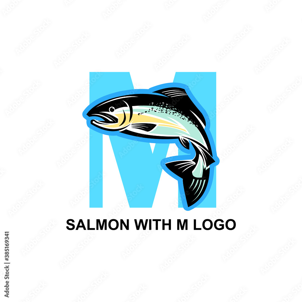 salmon fish with letter m logo, vector illustrations Stock-Vektorgrafik ...