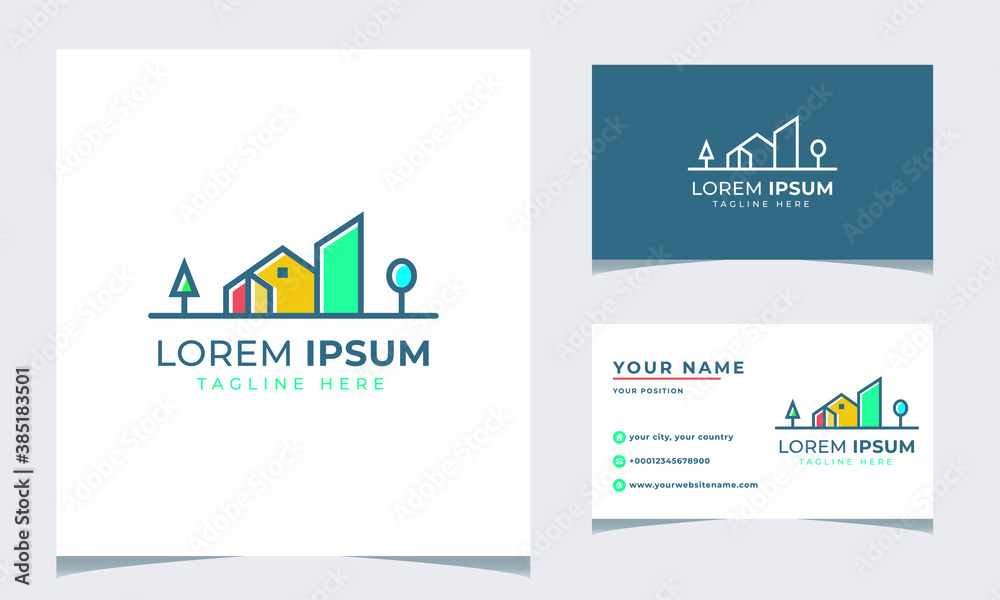 building and tree logo design with business card vector template. House ...