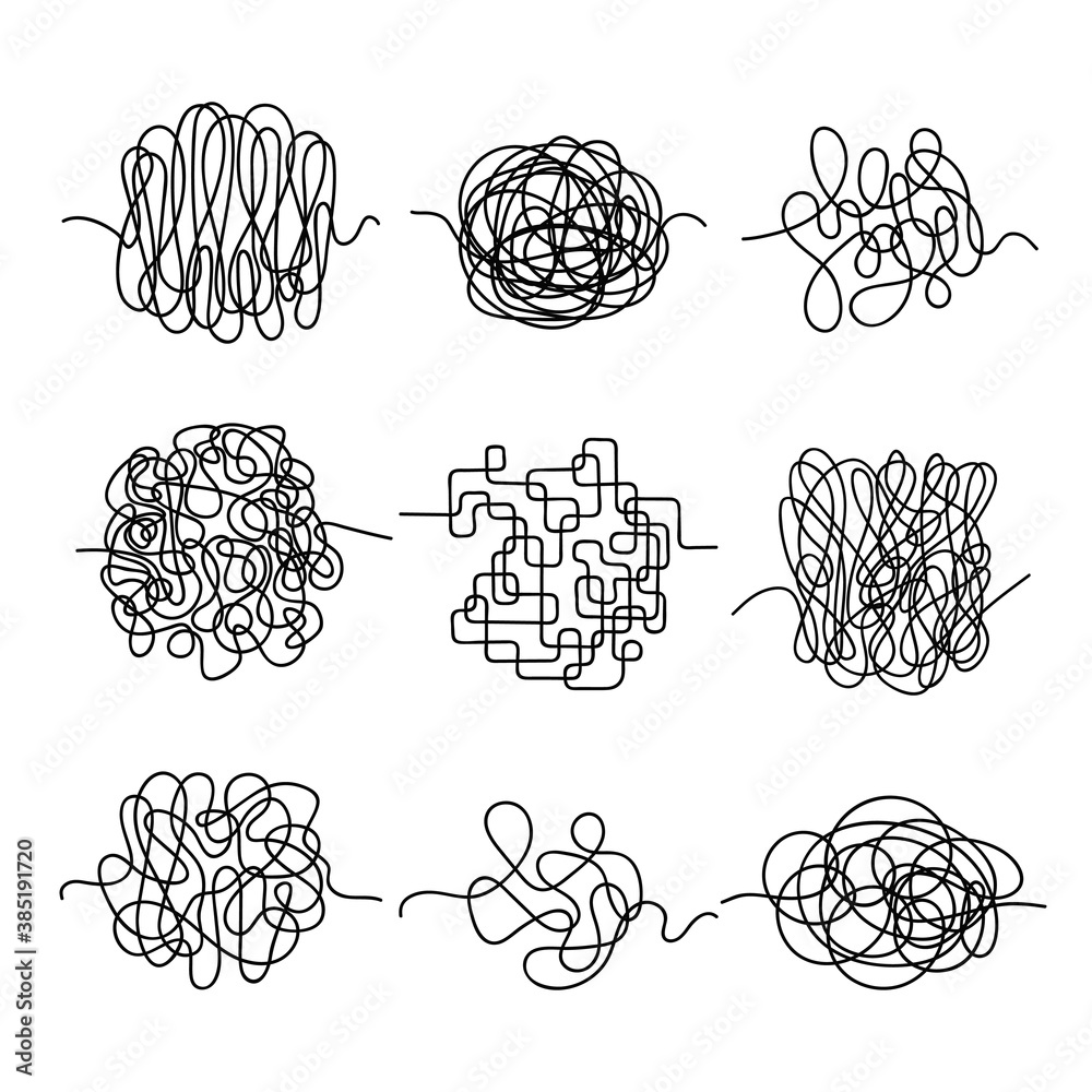 Hand drawn matted threads set. Messy chaos of lines and scribbles ...