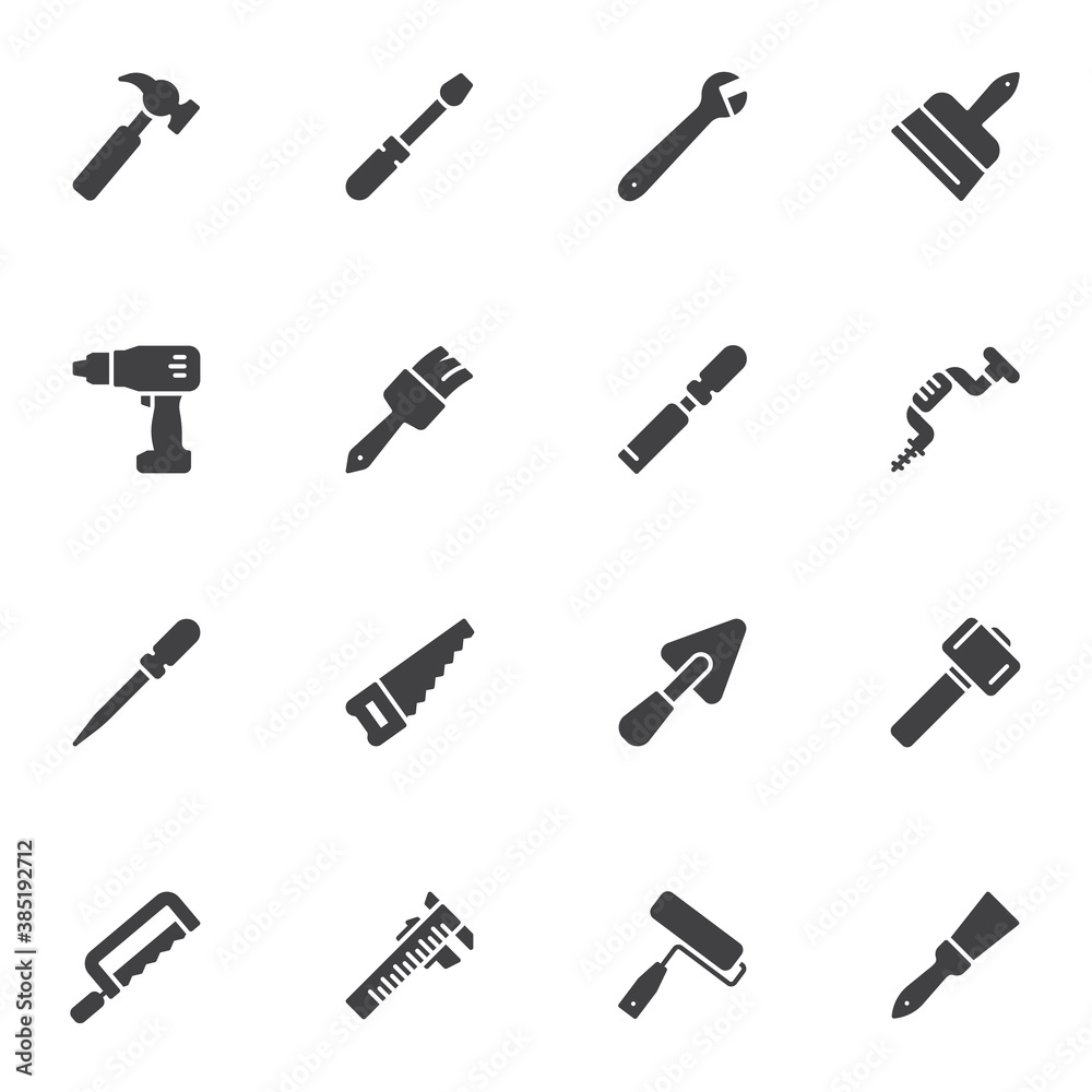 Construction tool vector icons set, modern solid symbol collection ...