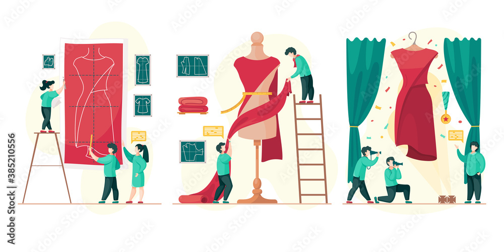 Set of people working on design of dresses and fashionable clothes ...