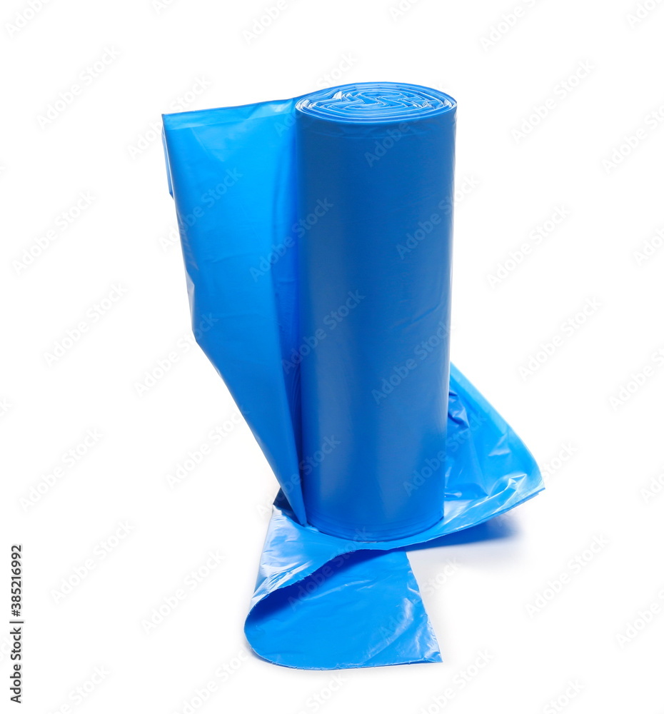 Blue plastic garbage bag roll isolated on white background Stock Photo ...