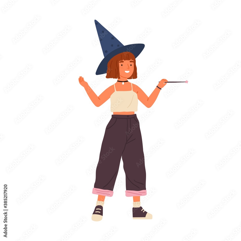 Cute girl wearing witch hat and holding magic wand. Young female wizard ...