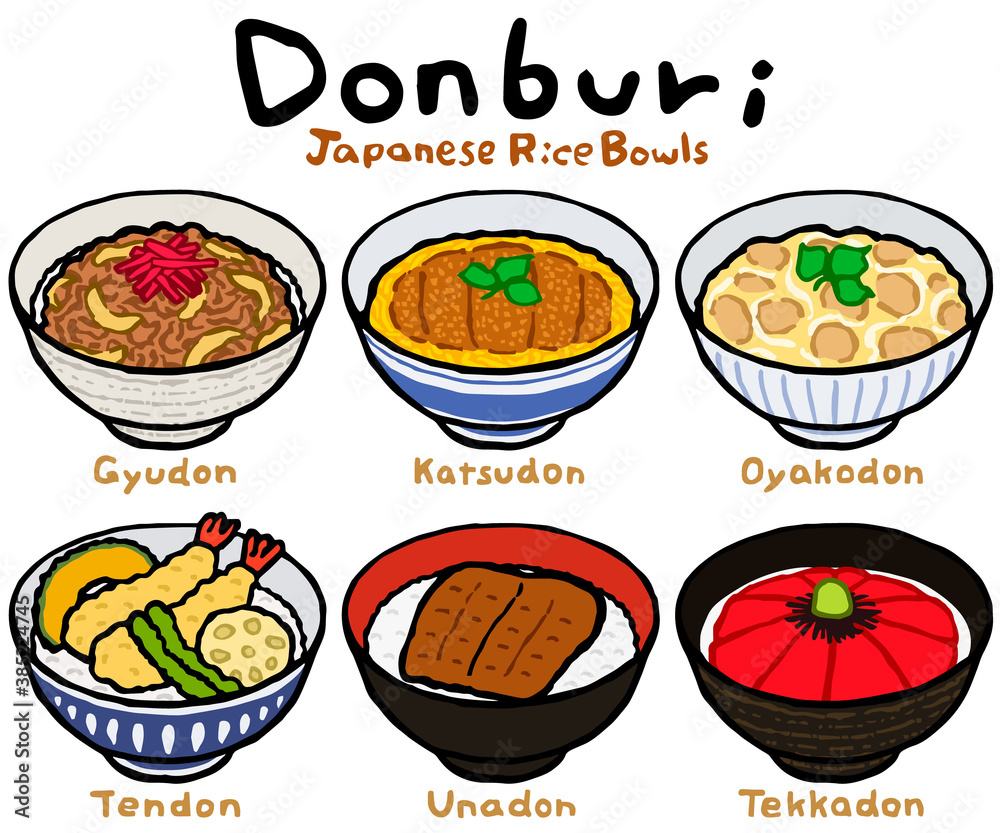 Donburi (Japanese Rice Bowl) Set:Hand drawn vector illustration like ...