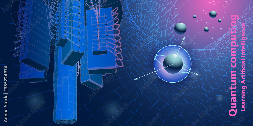 Quantum computer. Abstract tech background concept with qubit. Learning artificial intelligence ...
