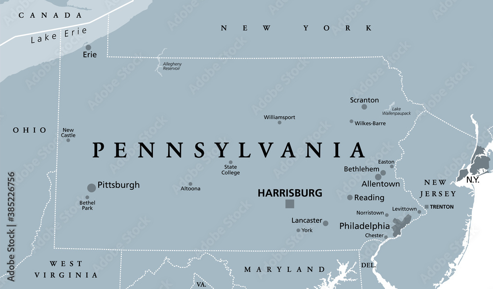 Pennsylvania, PA, gray political map. The Commonwealth of Pennsylvania ...