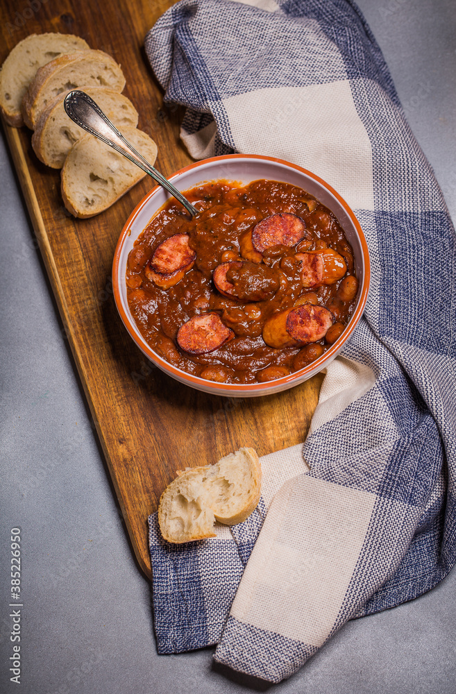 Polish breton beans with bacon, smoked sausages and onion, famous ...