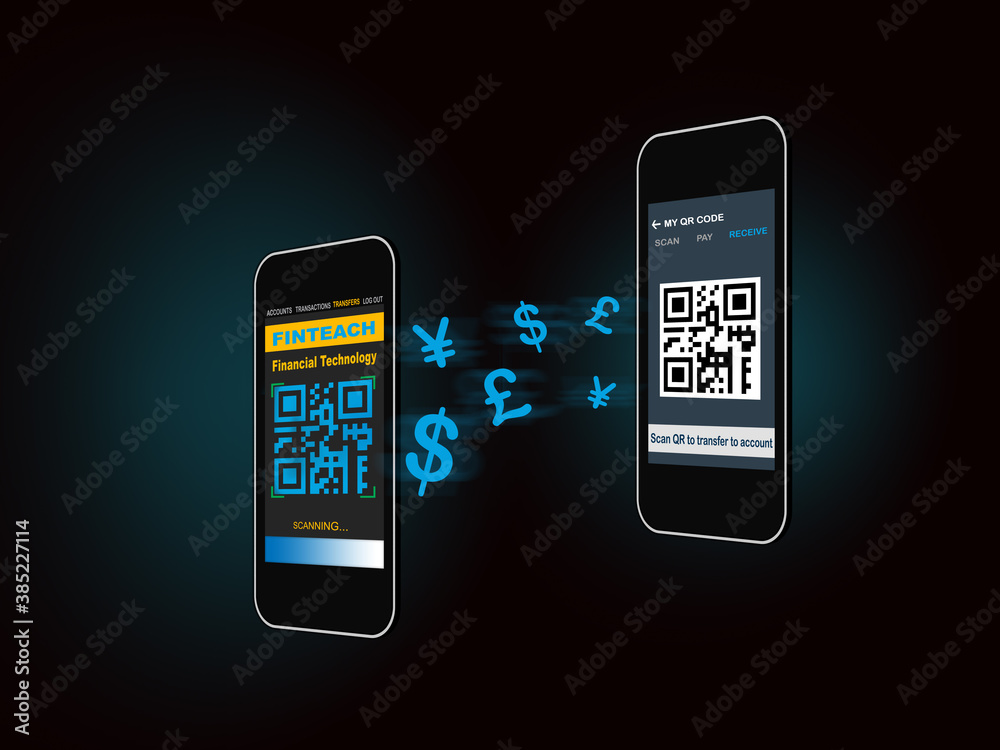 Scanning QR code to transfer money to account with mobile smart phone ...