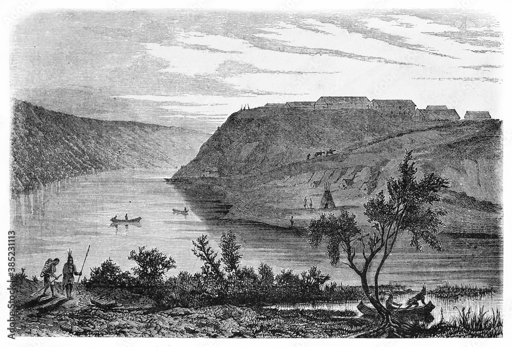 large landscape Fort Snelling on cliff top over calm river, indians and ...