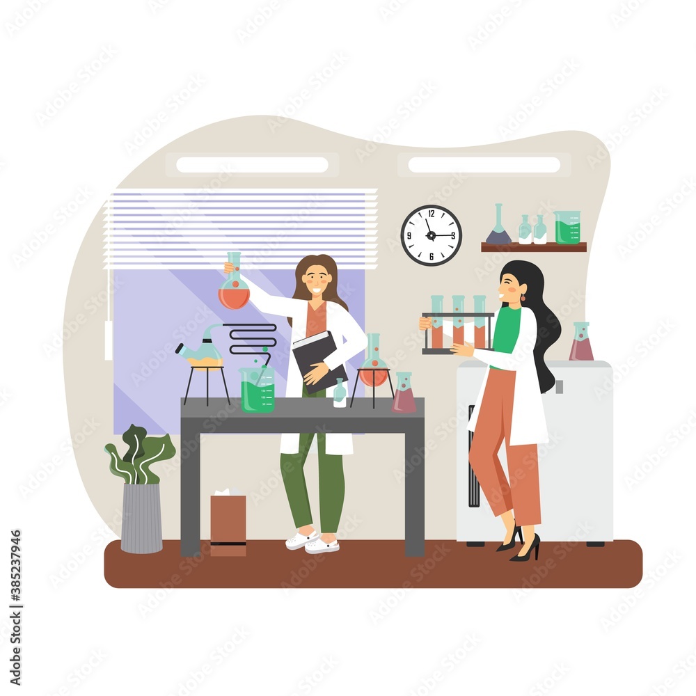 Chemical laboratory research. Scientists carrying out scientific ...